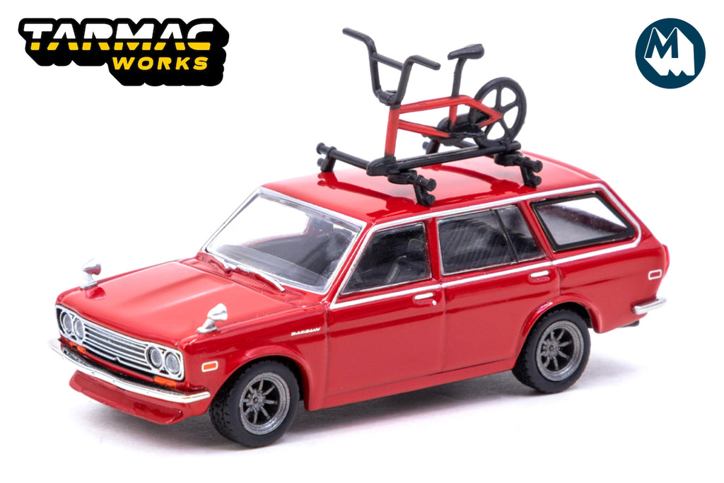 Datsun Bluebird 510 Wagon (Red) with roof rack and bicycle – Modelmatic